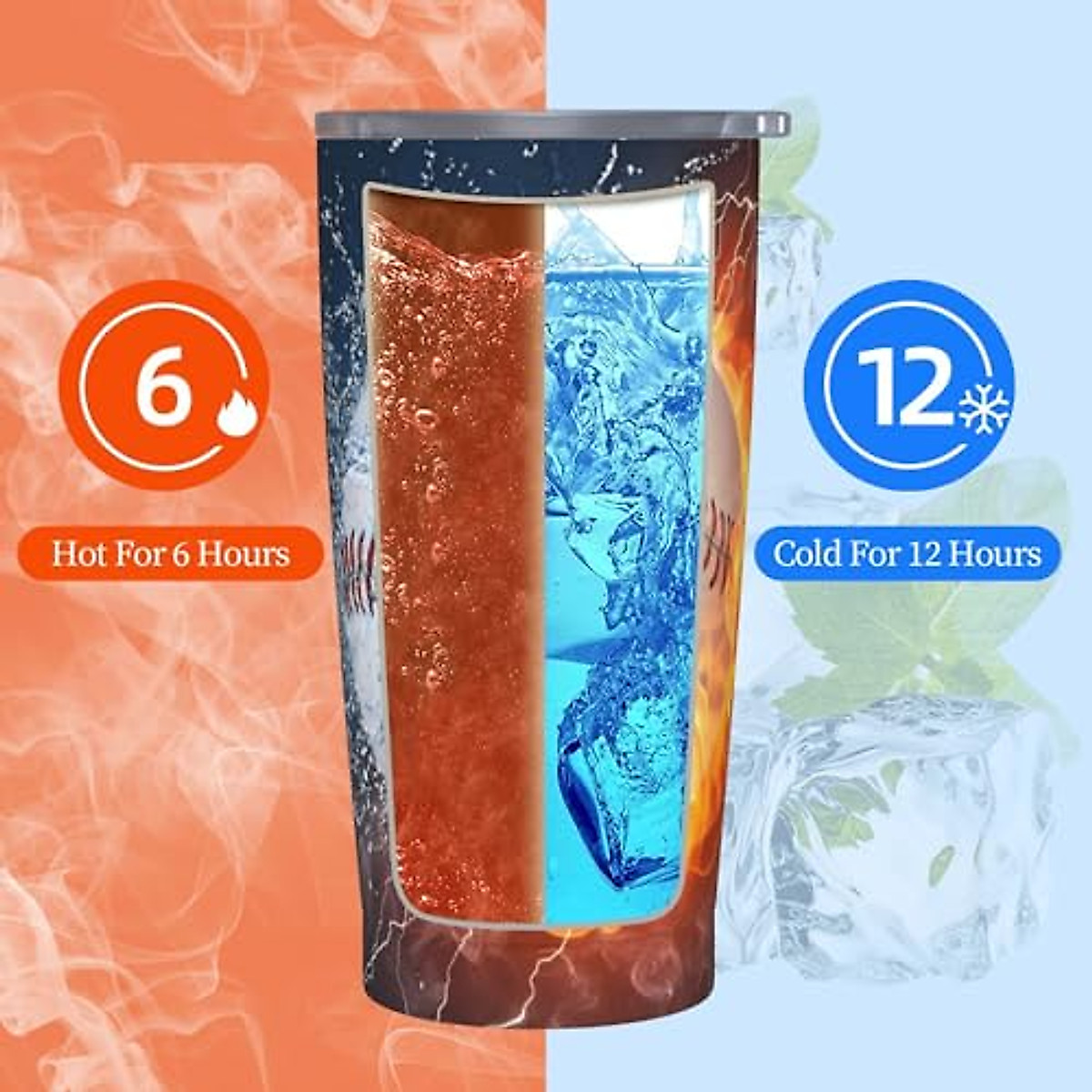 IYERSKD 3D Print Baseball White Ball in Fire and Water 20 oz Stainless Steel Tumbler Vacuum Insulated Leakproof Travel Mug for Car Office Gym