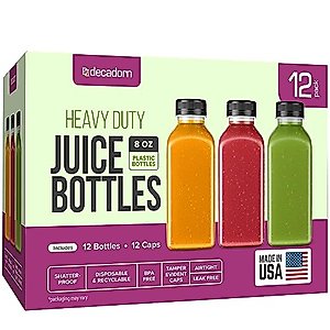 DECADORN 8oz Plastic Bottles With Caps - 12 Pack Plastic Juice Bottles For Juicing - Empty Juice Containers With Lids For Fridge - MADE IN USA Clear Mini Reusable Bottles With Lids - drink container