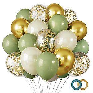 RUBFAC 65 Pcs 12 Inches Sage Green Gold Confetti Balloons Kit, Green Gold Sand White Party Balloons with Ribbons for Tiana Birthday, Wedding, Baby Shower, Graduation, Eucalyptus Party Decorations