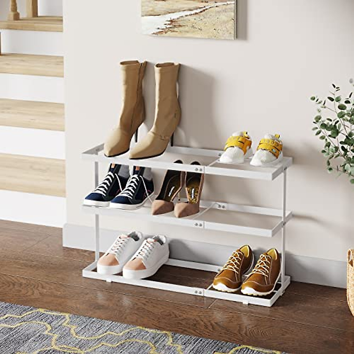 White Metal Shoe Rack for Closets, 3 Tiers Space Saving Shoe Shelf for 6 Pairs, Modern Free Standing Shoe Stand