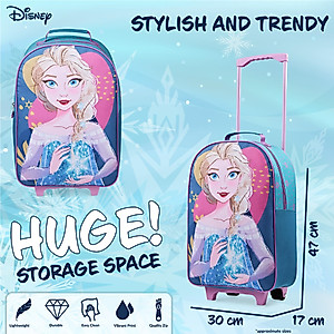 Disney Foldable Suitcase for Girls with Wheels, Trolley Hand Luggage Bag - Minnie Mouse Carry On Travel Bag for Kids (Blue Elsa)