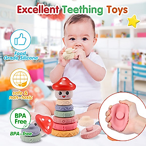 Baby Toys 6 to 12 Months 7Pcs Stacking Rings Montessori Toys for 1 Year Old Girls Boys, Soft Baby Teething Toys with Mushroom Head, Infant Sensory Educational Toys for Toddlers 1-2 Kids Birthday Gifts