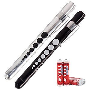 Dixie Ems Reusable LED Diagnostic Medical Penlight with Pupil Gauge and Pocket Clip (Batteries Included) (2, Black/Silver)