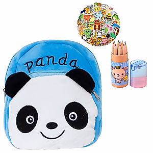 Kids Small Backpack Set - Animal Plush Backpack For Kids - Cute & Functional With Fun Accessories - Includes Cartoon Stickers and Mini Color Pencil Tubes - (Blue Panda)