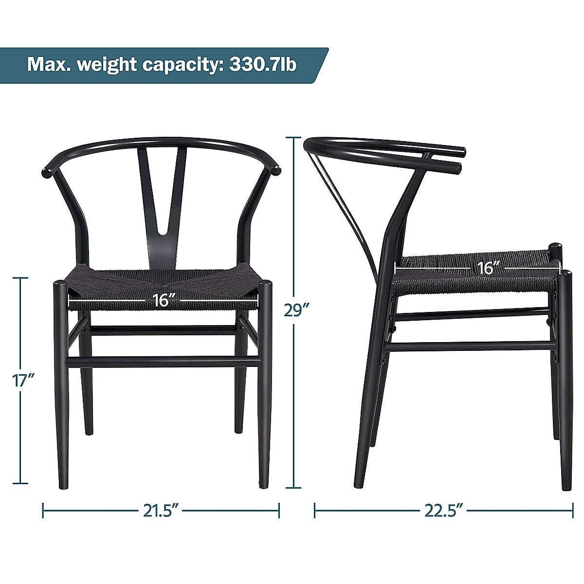 Yaheetech Set of 4 Weave Chair Mid-Century Metal Dining Chair Y-Shaped Backrest Hemp Seat, Large Black