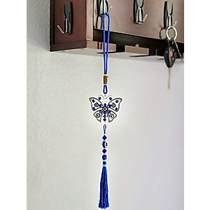 LUCKBOOSTIUM Center Evil Eye Butterfly Charms Pendant in Blue Crystal Stone w/Tassels for Good Luck & Protection Car Rear View Mirror Hanging Ornament Accessories Home Decor Charm