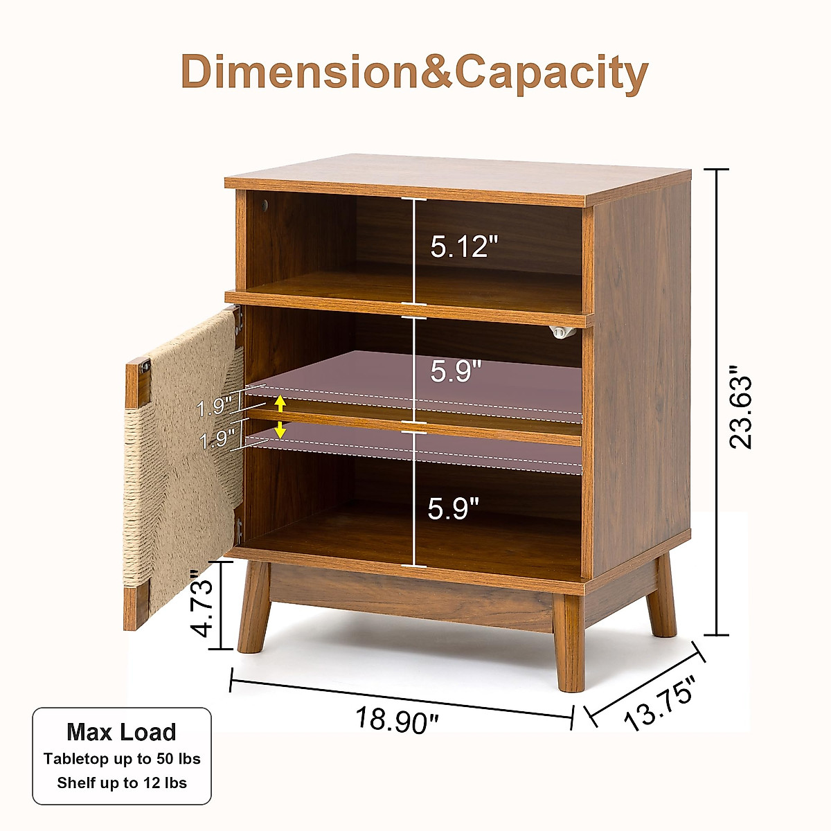 XIAO WEI Large Night Stand Set of 2 with Natural Paper Rope Hand-Woven Doors, Boho Nightstand Bed Side Table Accent End Table, Walnut