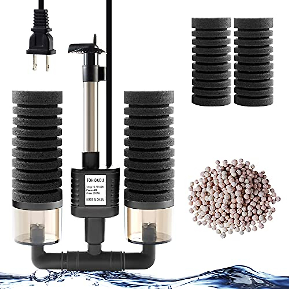 TOHIDAQU Aquarium Sponge Filter - 4W 80GPH Fish Tank Filters with Double Sponge: Electric Power Ultra Quiet Aquarium Filter for 15- to 55 Gallon