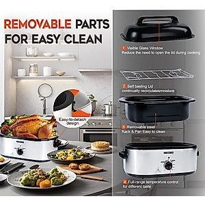 NECERO Roaster Oven,26Qt Electric Roaster Oven with Self-Basting Lid, Removable Pan, Cool-Touch Handles, 1450W Stainless Steel Roaster Oven, Silver