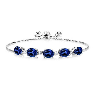 Gem Stone King 925 Sterling Silver Blue Created Sapphire and White Lab Grown Diamond Tennis Bracelet For Women (8.26 Cttw, Fully Adjustable Up to 9 Inch)