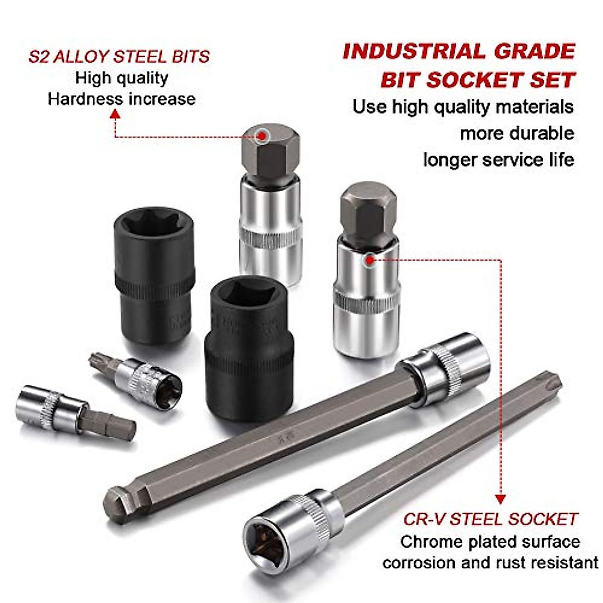 RIMKOLO 107-Piece Allen and Torx Bit Socket Set, 1/4", 3/8" and 1/2" Drive Hex/Ball End Hex/Torx/Extra Long Torx/Tamper Proof Torx SAE & Metric Bit Set