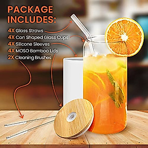 Glass Cups With Bamboo Lids and Straws - 4 pc 16oz can shaped glass bottle with silicone sleeve - Cute Reusable drinking glass tumbler set for iced coffee, espresso, beer, smoothie and juices mHomeAid