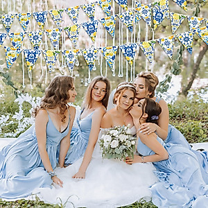 Faccito 5 Pcs Blue Tiles Lemon Decor Lemon Bunting Banners Blue Tiles Paper Pennant Garlands Lemonade Hanging Triangle Flags for Wedding Birthday Bridal Shower Bachelorette Party Decorations