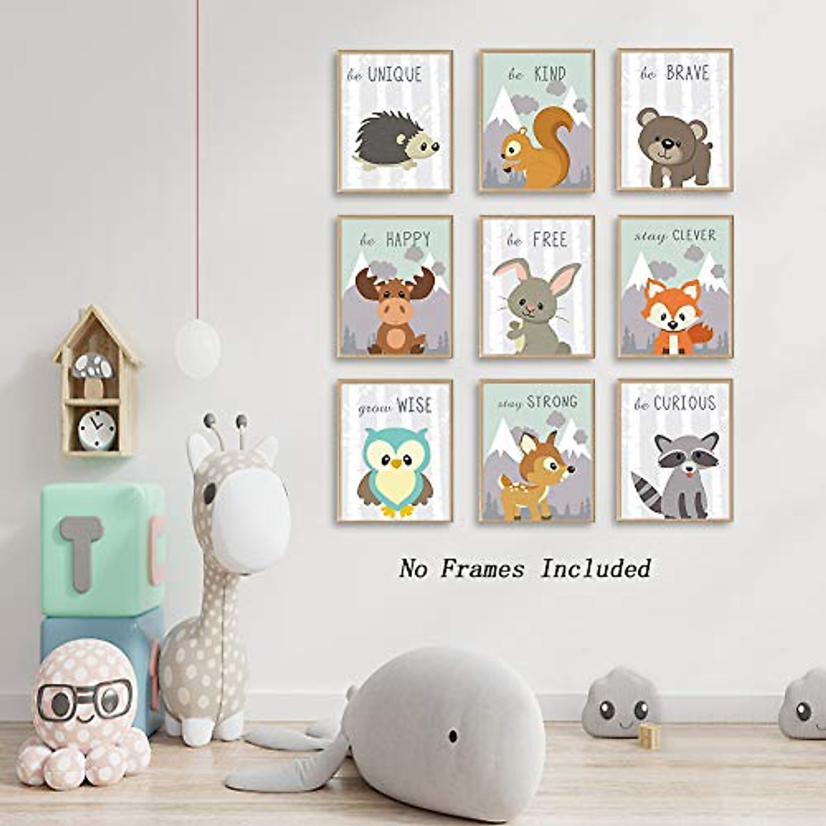 CHDITB Woodland Animals Decor Baby Nursery Wall Art Cartoon Forest Animal Wall Art Painting Set Of 9(8x10 Inches) Motivational Saying Jungle Fox Owl Artwork Art Prints For Kids Children Room Bedroom Decoration