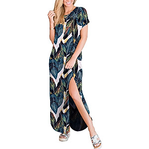 ANRABESS Women's Summer Casual Loose Short Sleeve Long T Shirt Dress Split Maxi Beach Sundress Travel Vacation Outfits Leaf Print X-Large