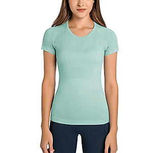 LUYAA Womens Yoga Tops Short Sleeves Seamless Fitted Gym Running Sports Summer Breathable Mint Green M