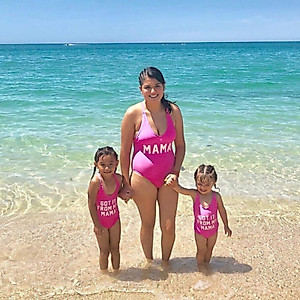 IFFEI Family Matching Swimsuits One Piece Monokini Letter Print Matching Swimwear Mommy and Me Bathing Suits Girls: 6-7 Years Hot Pink