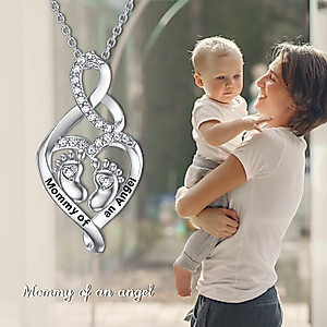 PELOVNY Mommy of an Angel Necklace Sterling Silver Foot Print Necklace Memorial Jewelry Sympathy Gift for Women Mother Mom
