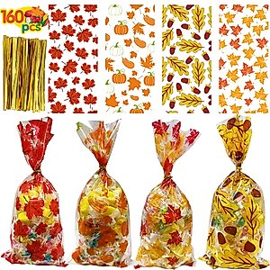 Fall Cellophane Bags 160 Pcs Fall Treat Bags Fall Goodie Bags Fall Candy Bagsfall Snack Bags Fall Treat Bags With Ties Autumn Treat Bags Fall Party Bags With Gold Twist Ties For Thanksgiving Fall