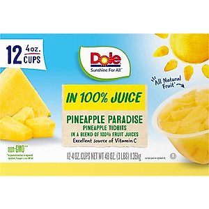 Dole Pineapple Paradise Pineapple Tidbits in a Blend of 100% Fruit Juices Snacks, 4oz 12 Total Cups, Gluten & Dairy Free, Bulk Lunch Snacks for Kids & Adults