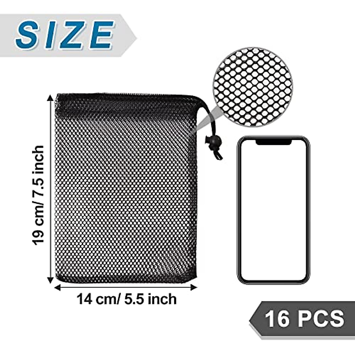 Zsxdc 16 Pieces Black Mesh Bags Drawstring Laundry Bags,5.5 x 7.5 Inch Nylon Mesh Bags Dishwasher Bag with Cord Lock Closure for Home Kitchen Supplies Seashell Collecting, Mesh Bags and Travel