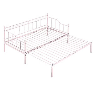 LCH Twin Size Daybed with Trundle, Metal Day Bed with Steel Slat Support,Sofa Bed Frame for Children, Teens and Adults, No Spring Box Need, Suitable for Bedroom, Apartment and Dorm, Pink