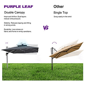 PURPLE LEAF 9 Feet Double Top Deluxe Solar Powered LED Square Patio Umbrella Offset Hanging Umbrella Outdoor Market Umbrella Garden Umbrella, Grey
