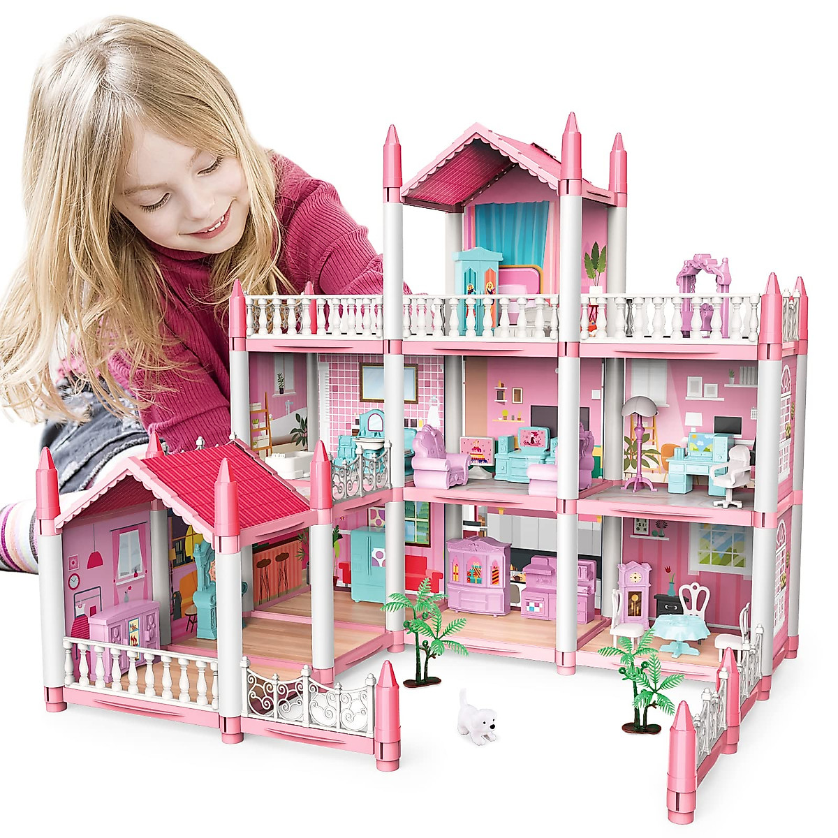 deAO Doll House Dollhouse - 3 Story 9 Rooms Pink DIY Pretend Play Building Playset, Dollhouse Asseccories and Furniture,Gift for 6 7 8 9 Girls Toddler