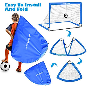 JOGENMAX Portable Kids Soccer Goal, Pop Up Goal Nets with Led Lights,Set of 2, with Agility Training Cones, Carry Case Gift for Kids Teen Boy & Adults Size 4‘X3’(Blue)