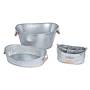 BirdRock Home Galvanized Beverage Tub, Caddy and Tray Set - 3 Piece - Party Tray Platter Drink Holder - Silverware Caddy - Wooden Handles