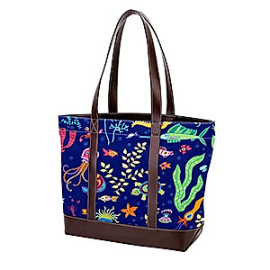 Women's Large Size Canvas Shoulder Bag Hobo Crossbody Handbag Casual Tote, Cartoon Sea Animal Octopus Sea Turtle Scallop