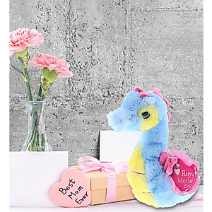 DolliBu Happy Mother's Day Super Soft Plush Blue Seahorse Doll Figure - Cute Stuffed Animal with Pink Heart Message for Best Mommy, Grandma, Wife, Daughter - 8.5" Inches