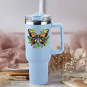 LB LEOBON 40 ounce insulated cup with handle, double-layer vacuum stainless steel material, equipped with straw, can keep warm or maintain cold drinks Butterfly Flowers 2 wathet