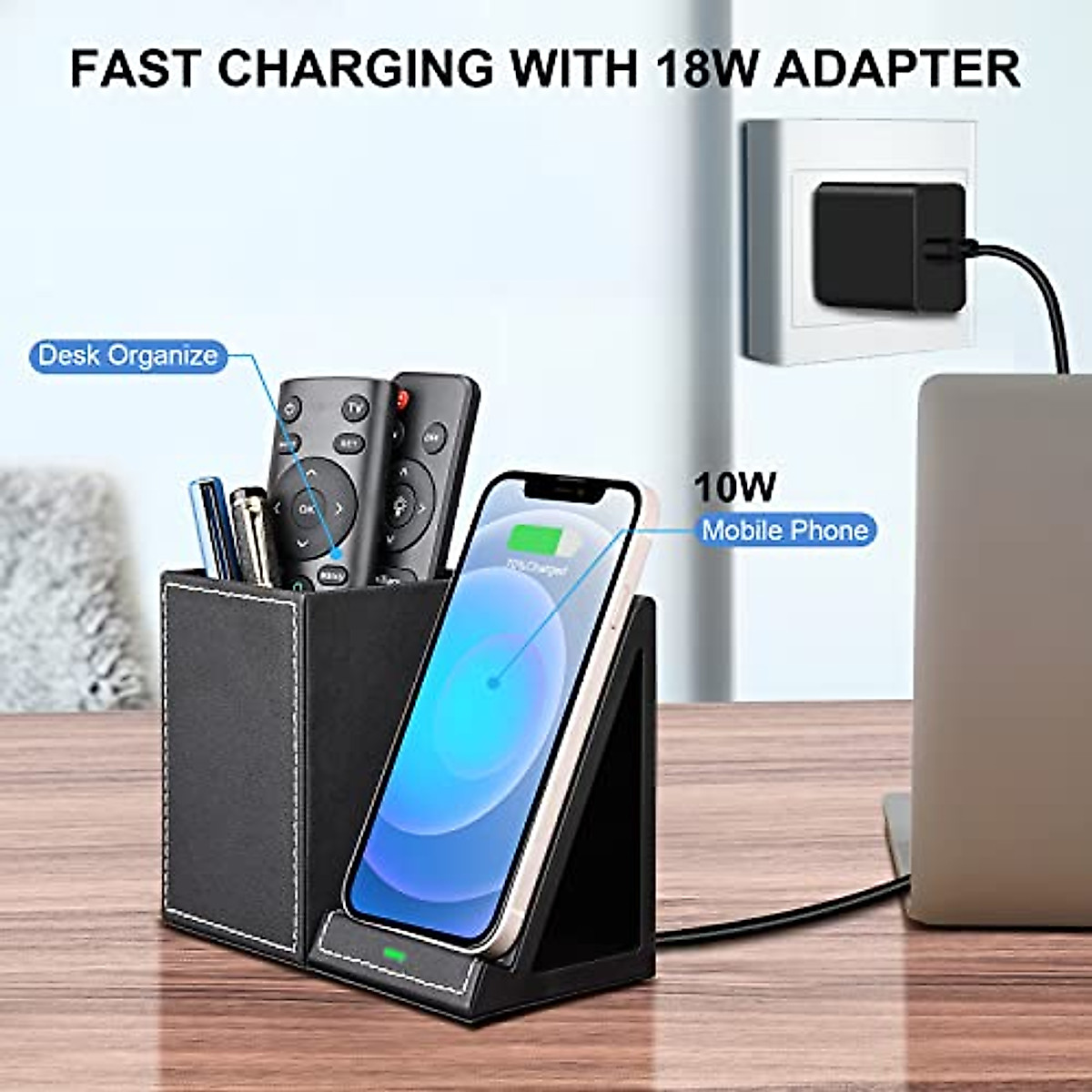 10W Fast Wireless Charger Desk Organizer, Wireless Charging Station for iPhone 14/14 Pro/13/12/Samsung Galaxy S23/S22/S21/Note 20/Note 10, Desk Phone Charger with Leather