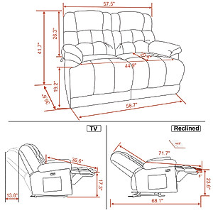 MCombo 58.7" Power Loveseat Recliner, Electric Reclining Loveseat Sofa with Heat and Massage, USB Charge Port for Living Room 6237 (Grey, Loveseat Recliner)