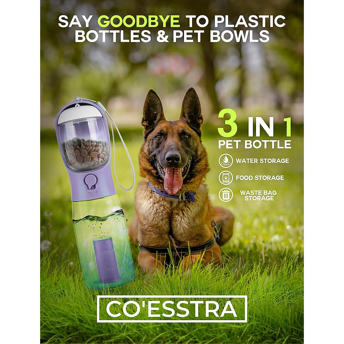 CO'ESSTRA Pet Water Bottle - Portable Dog Water Bottle Dispenser with Poop Bag - 20oz Leak Proof Dog Travel Water Bottle with Feeder - Puppy Water Bottles for Walking, Hiking, Camping