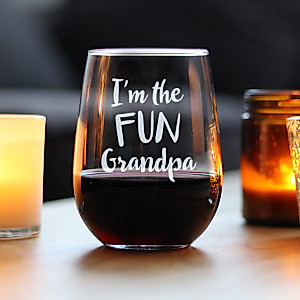 Fun Grandpa - Funny Grandfather Stemless Wine Glass Gift for Dads & Grandparents - Large 17 Oz Glasses