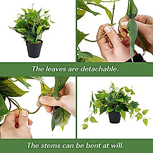 JPSOR Faux Plants for Home Décor, Small Indoor Fake/Artificial Potted Plants Pothos with Black Plastic Pot for Outdoor Living Room Bedroom Office Garden
