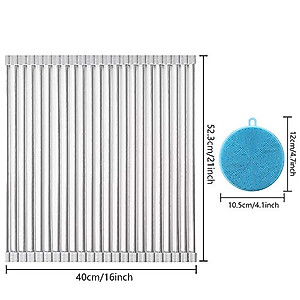 Large 21" x 16" Multipurpose Foldable Stainless Steel Roll Up Dish Drying Rack Over The Sink Kitchen Dish Drainer Rack and 2pcs Silicone Dish Brush (Gray)