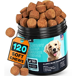 OMIKEE Dog Allergy Chews for Seasonal Allergies, Dog Allergy Relief with Omega 3, Probiotics & Natural Ingredients, Itch Relief for Dogs Allergy, Itching, Paw Biting, Skin Health 120 Ct Chicken Flavor