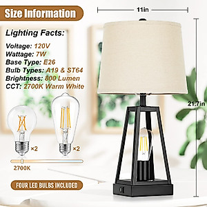 Set of 2 Farmhouse Touch Table Lamps with USB Ports, 3-Way Dimmable Bedside Nightstand Lamps, 2 Light Rustic Industrial Table Lamps for Living Room Bedrooms Reading Room, Rotary Switch, Bulbs Included