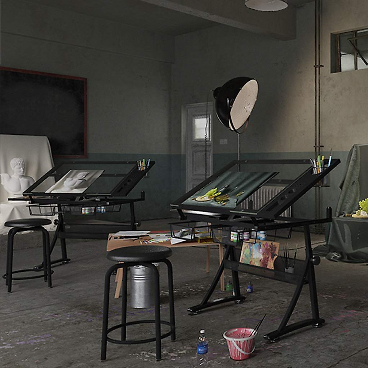 VejiA Drafting Table with Storage, Height Adjustable Tiltable Art Desk, Glass Panel Drawing Desk, for Work Study Painting Craft Table