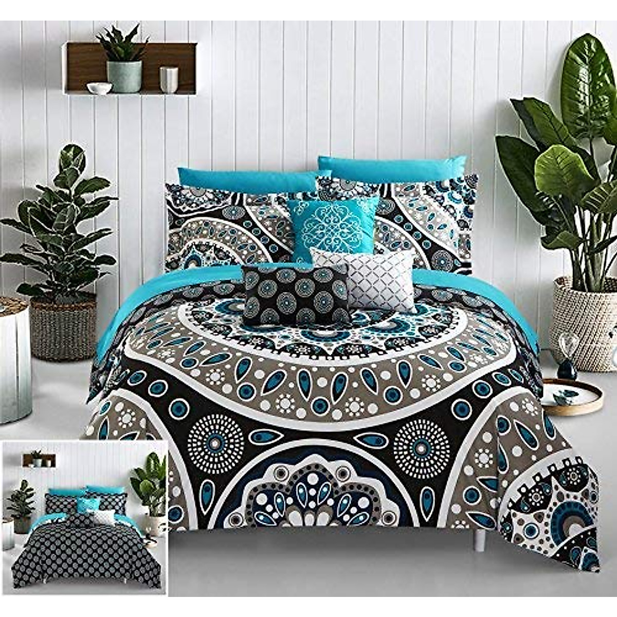 Chic Home Mornington Large Scale Contempo Bohemian Reversible Printed with Embroidered Details. King Bed in a Bag Comforter Set, Black