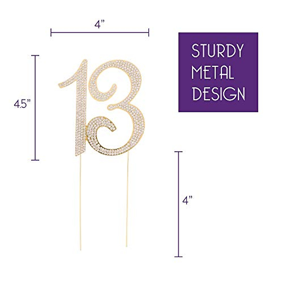 Ella Celebration 13 Cake Topper for 13th Birthday Party, Gold Rhinestone Metal Number Decoration (Gold)