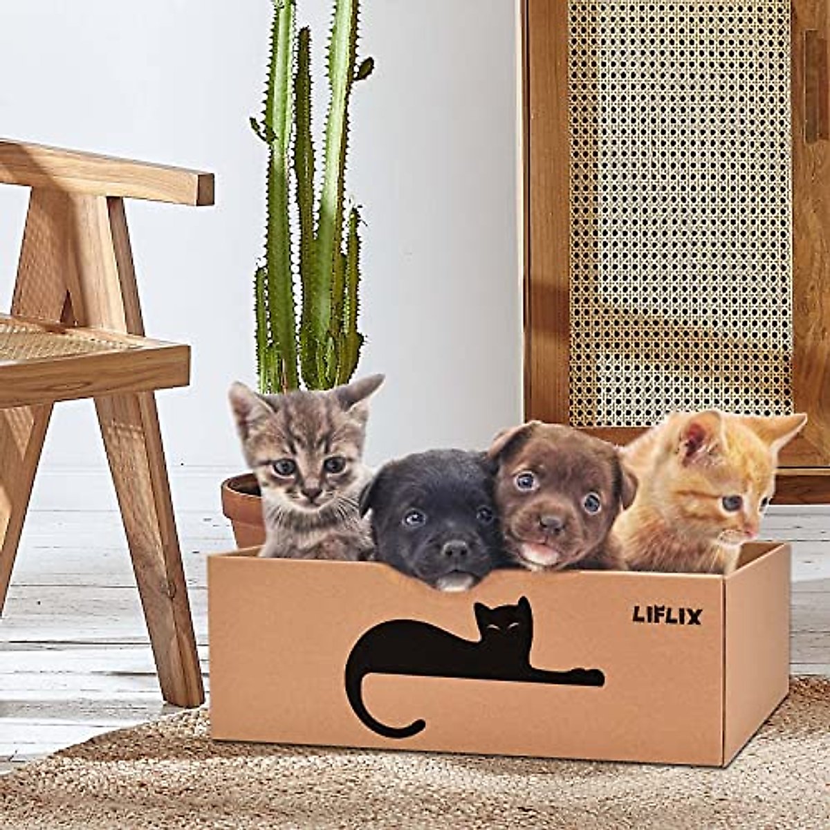 LIFLIX Cardboard Cat Scratcher with Box, 5PCS Reversible Cat Scratch Pads in Large Cat Scratcher Box, Cat Scratcher Lounge for Indoor Cats to Rest and Play, 16.5" ｘ12.6 ｘ5.9