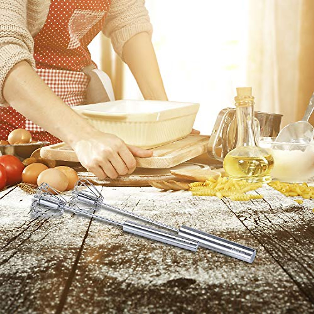 KSENDALO Push Whisk Set(12inch & 14inch) Stainless Steel Easy Whisk for Mixing Milk and Other Liquids, Automatic Whisk Push Saves Much Energy, Silver