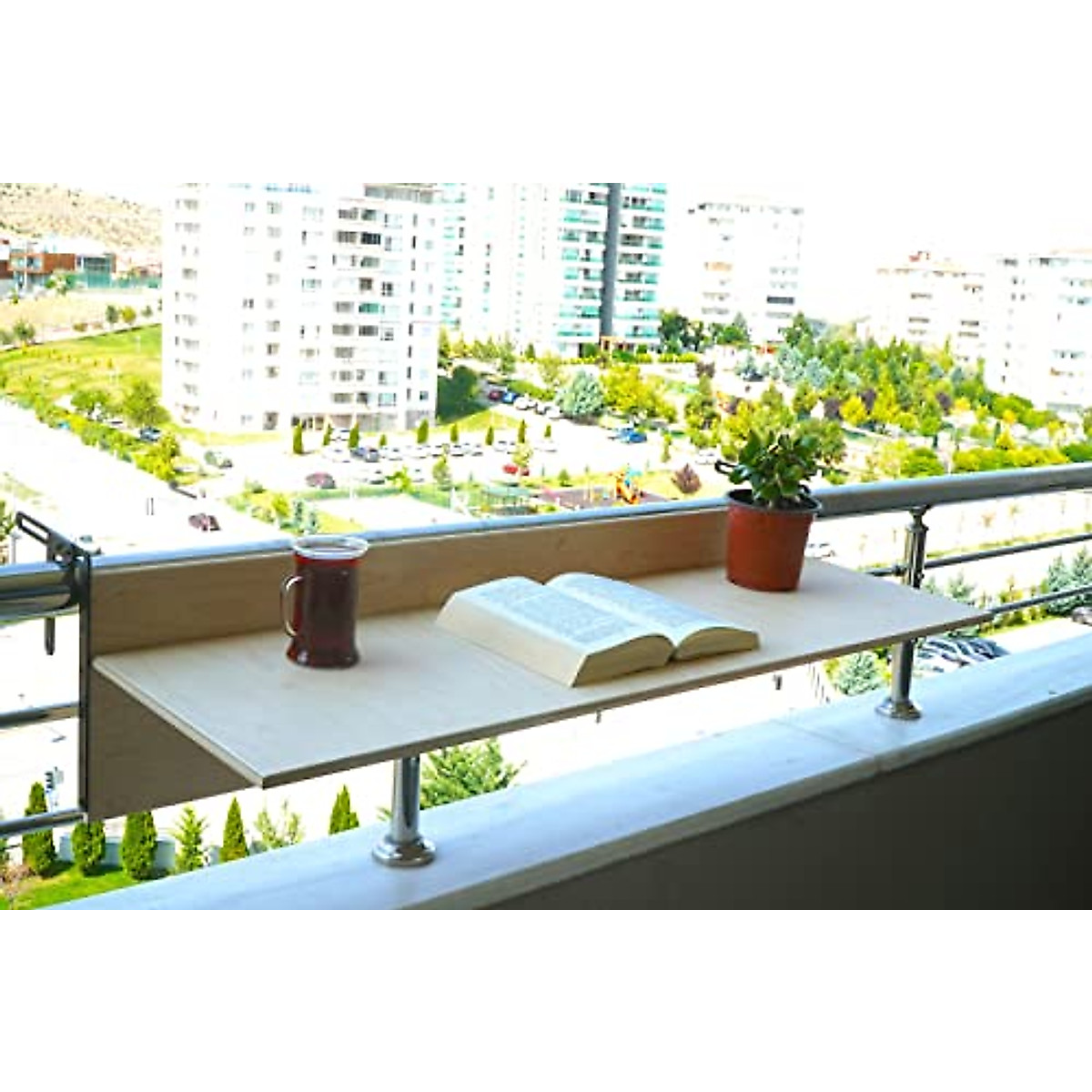 GENESIS WOODESIGN Balcony Bar Table for Railings, Balcony Folding Deck Table, Wooden Adjustable Hanging Deck Table for Patio, Apartment, Garden (Natural, 59" L x 11.8" W)