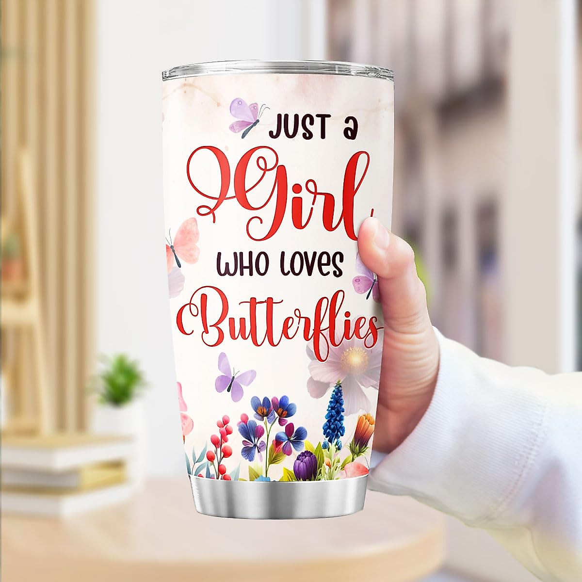 HUBUPU Floral Flower, Butterfly Gifts, Tumbler 20 Oz With Lid And Straw, Just A Girl Butterfly