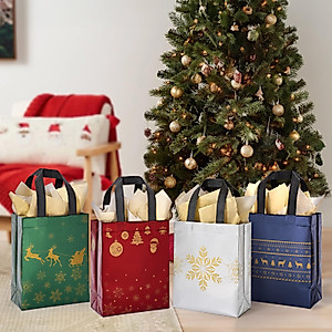 STYPOP 16 Pack 10" Christmas Gift Bags Medium Size with Tissue Paper, Reusable Christmas Tote Bags with Handles, Non-Woven Holiday Gift Bags for Christmas Gift Wrap, 10.2" * 8.3" * 4"