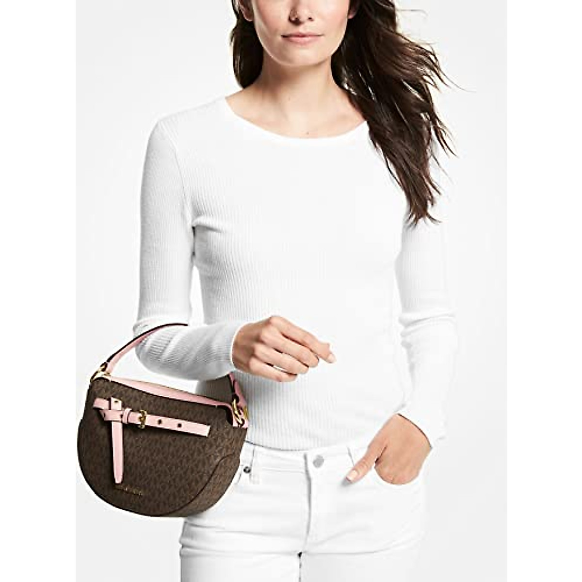 Michael Kors Emilia Half Moon Medium Logo Shoulder Bag Crossbody Brown Powder Blush